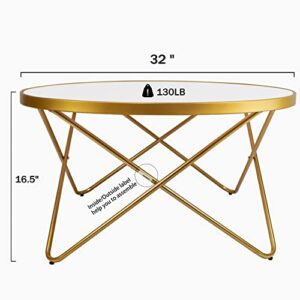 KithKasa Mid Century Modern Round Gold Coffee Table with White Glass and Metal Frame Central Table for Living Room Recepetion Room