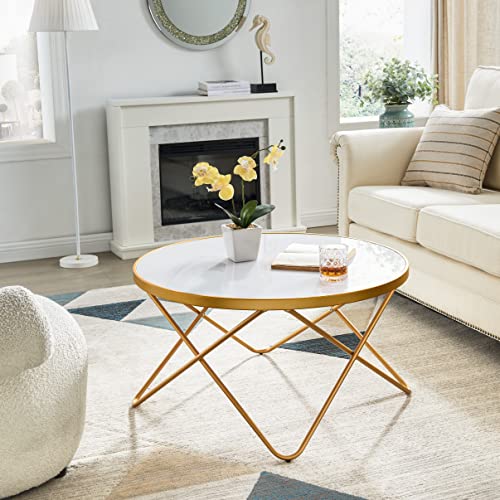 KithKasa Mid Century Modern Round Gold Coffee Table with White Glass and Metal Frame Central Table for Living Room Recepetion Room