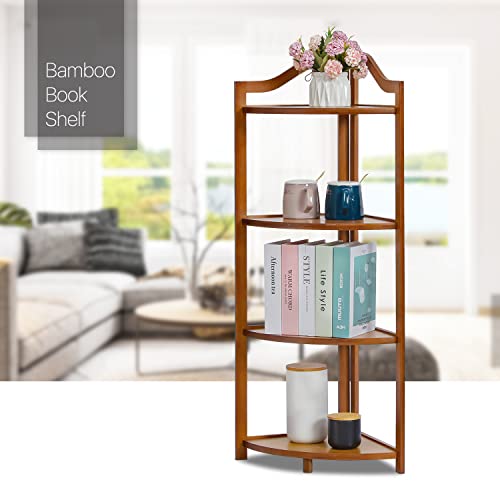 MoNiBloom Bamboo 4 Tier Corner Shelf Rack Storage Multifunctional Kitchen Plant Stand for Kitchen Living Room Bedroom Balcony Patio Garden, Brown