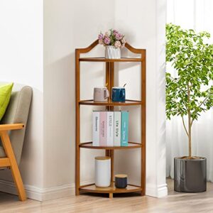 MoNiBloom Bamboo 4 Tier Corner Shelf Rack Storage Multifunctional Kitchen Plant Stand for Kitchen Living Room Bedroom Balcony Patio Garden, Brown