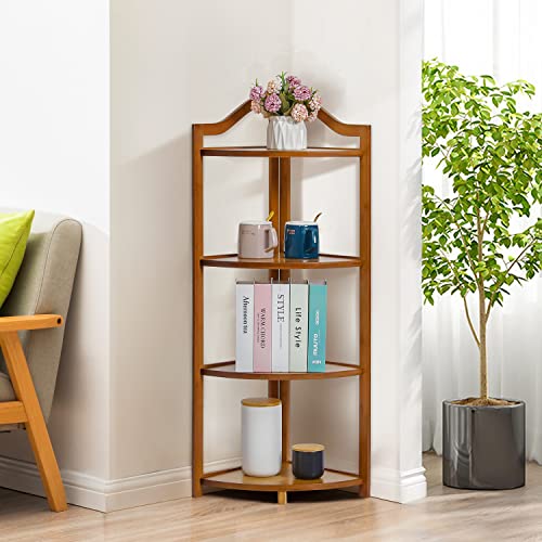 MoNiBloom Bamboo 4 Tier Corner Shelf Rack Storage Multifunctional Kitchen Plant Stand for Kitchen Living Room Bedroom Balcony Patio Garden, Brown