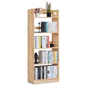 monibloom 5 tier bookcase with open shelves, solid wood storage organizer book shelf cabinet display organizer for kids room living room bedroom, natural