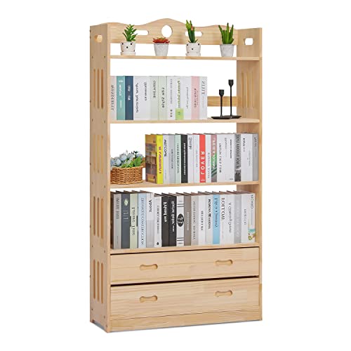 MoNiBloom 4 Tier Bookcase with Open Shelves and 2 Drawers, Solid Wood Large Storage Organizer Book Shelf Cabinet Display Organizer for Kids Room Living Room Bedroom, Natural