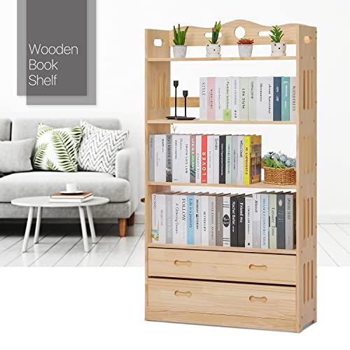 MoNiBloom 4 Tier Bookcase with Open Shelves and 2 Drawers, Solid Wood Large Storage Organizer Book Shelf Cabinet Display Organizer for Kids Room Living Room Bedroom, Natural