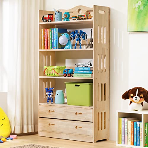 MoNiBloom 4 Tier Bookcase with Open Shelves and 2 Drawers, Solid Wood Large Storage Organizer Book Shelf Cabinet Display Organizer for Kids Room Living Room Bedroom, Natural