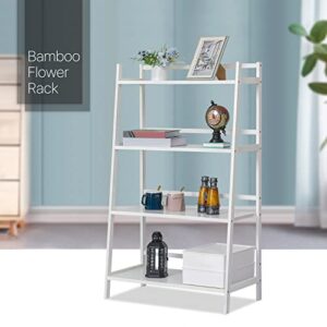 MoNiBloom Ladder Shelf for Plant Flower Book, Bamboo 4-Tier Trapezoid Storage Shelf Organizer for Living Room Patio Kitchen Bathroom Home Office, White