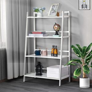 MoNiBloom Ladder Shelf for Plant Flower Book, Bamboo 4-Tier Trapezoid Storage Shelf Organizer for Living Room Patio Kitchen Bathroom Home Office, White