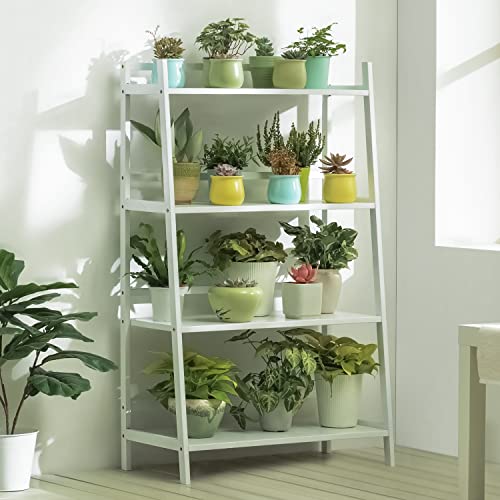 MoNiBloom Ladder Shelf for Plant Flower Book, Bamboo 4-Tier Trapezoid Storage Shelf Organizer for Living Room Patio Kitchen Bathroom Home Office, White