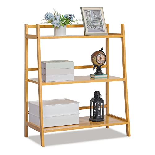 MoNiBloom Ladder Shelf for Plant Flower Book, Bamboo 3-Tier Trapezoid Storage Shelf Organizer for Living Room Balcony Kitchen Bathroom Home Office, Natural