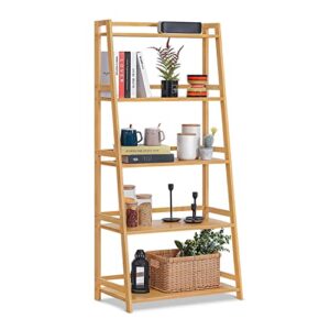 monibloom ladder shelf, bamboo 5 tier multi-functional book shelf storage rack organizer, plants stand display shelf for living roon garden balcony bedroom, natural