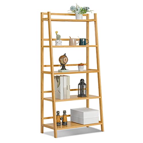 MoNiBloom Ladder Shelf for Plant Flower Book, Bamboo 5-Tier Trapezoid Storage Shelf Organizer for Living Room Patio Kitchen Bathroom Home Office, Natural