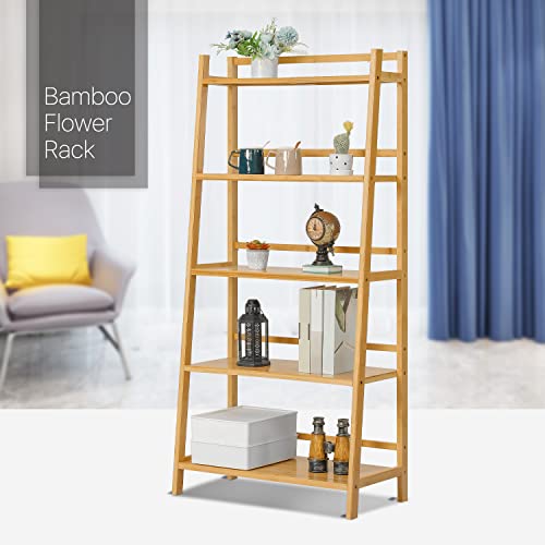 MoNiBloom Ladder Shelf for Plant Flower Book, Bamboo 5-Tier Trapezoid Storage Shelf Organizer for Living Room Patio Kitchen Bathroom Home Office, Natural