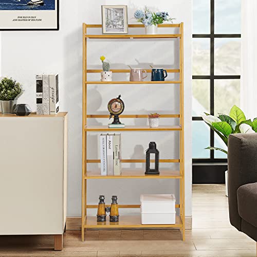 MoNiBloom Ladder Shelf for Plant Flower Book, Bamboo 5-Tier Trapezoid Storage Shelf Organizer for Living Room Patio Kitchen Bathroom Home Office, Natural