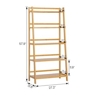 MoNiBloom Ladder Shelf for Plant Flower Book, Bamboo 5-Tier Trapezoid Storage Shelf Organizer for Living Room Patio Kitchen Bathroom Home Office, Natural