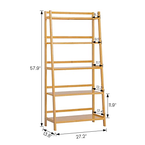 MoNiBloom Ladder Shelf for Plant Flower Book, Bamboo 5-Tier Trapezoid Storage Shelf Organizer for Living Room Patio Kitchen Bathroom Home Office, Natural