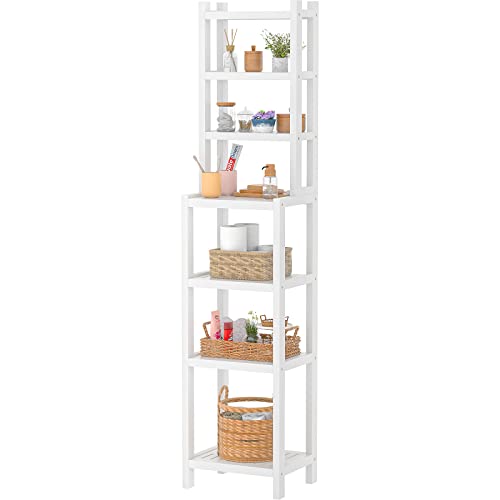 Homykic Bamboo Bathroom Storage Shelf, 7-Tier Detachable Narrow Shelf Freestanding Towel Rack Wood Corner Stand Organizer for Corner, Bathroom, Living Room, Bedroom, Kitchen, White