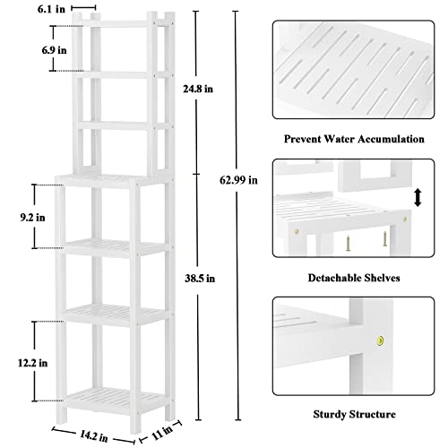 Homykic Bamboo Bathroom Storage Shelf, 7-Tier Detachable Narrow Shelf Freestanding Towel Rack Wood Corner Stand Organizer for Corner, Bathroom, Living Room, Bedroom, Kitchen, White