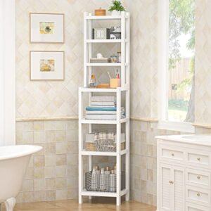 Homykic Bamboo Bathroom Storage Shelf, 7-Tier Detachable Narrow Shelf Freestanding Towel Rack Wood Corner Stand Organizer for Corner, Bathroom, Living Room, Bedroom, Kitchen, White