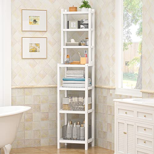 Homykic Bamboo Bathroom Storage Shelf, 7-Tier Detachable Narrow Shelf Freestanding Towel Rack Wood Corner Stand Organizer for Corner, Bathroom, Living Room, Bedroom, Kitchen, White