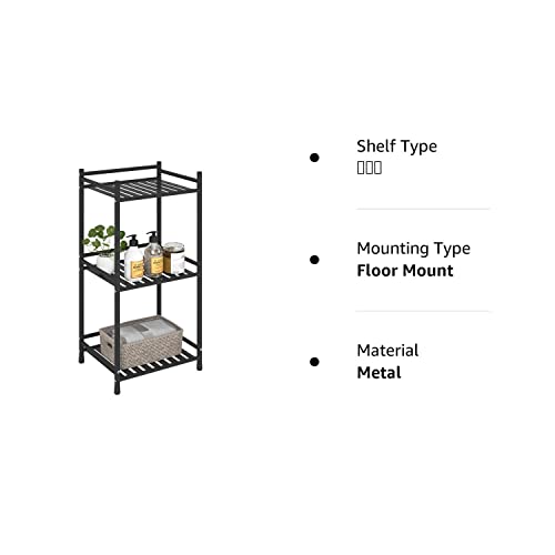 FKUO 3 Tier Bathroom Storage Open Shelf Unit, Free-Standing Metal Corner Rack Shelving for Kitchen, Living Room, Hallway (Matte Black, 3 Tier)