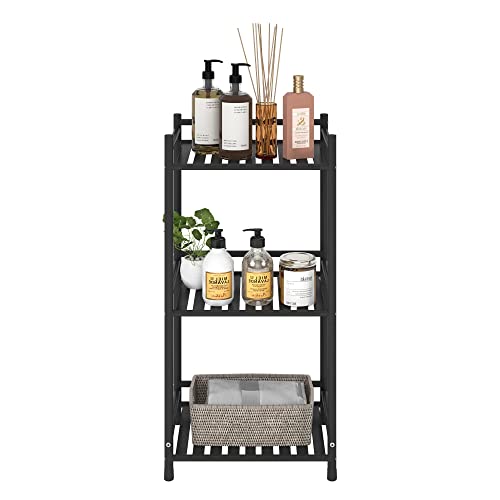 FKUO 3 Tier Bathroom Storage Open Shelf Unit, Free-Standing Metal Corner Rack Shelving for Kitchen, Living Room, Hallway (Matte Black, 3 Tier)