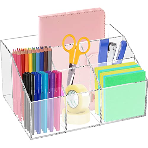 Dicunoy Acrylic Desk Organizer, Clear Stationary Pen Holder for School, 7 Compartments Pencils Storage Rack for Classroom, Artist, Student, Office, Craft Room Supplies Organization