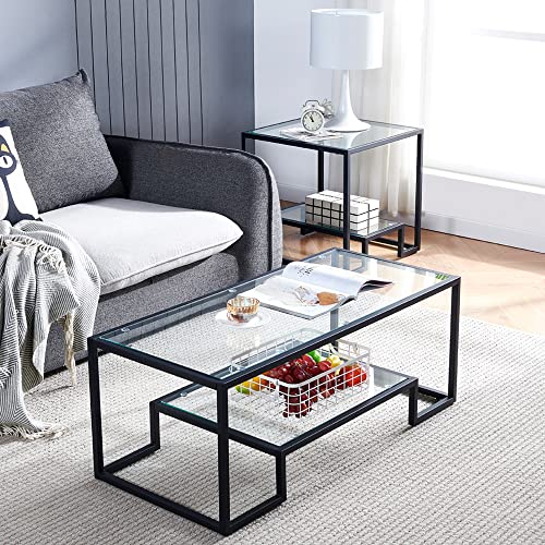 Black Metal Glass Coffee Table - Simple Center Coffee Table for Living Room Home, Metal Frame Coffee Table with 2 Shelves,Modern Table for Bedroom, Dinning Room,Office Decor