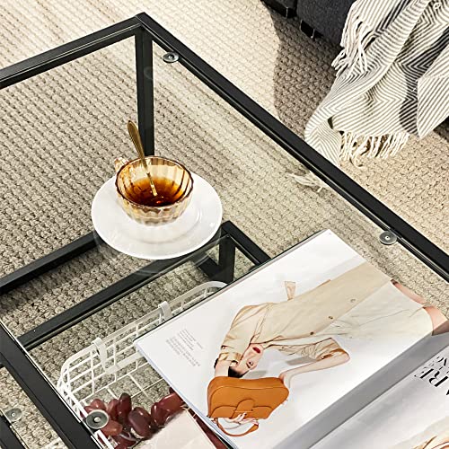 Black Metal Glass Coffee Table - Simple Center Coffee Table for Living Room Home, Metal Frame Coffee Table with 2 Shelves,Modern Table for Bedroom, Dinning Room,Office Decor