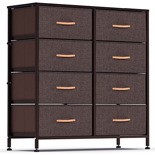 DHMAKER Vertical Dresser Storage Tower, Steel Frame, Wood Top, Easy Pull Textured Fabric Bins - Organizer Unit for Bedroom, Hallway, Entryway, Closets - 8 Drawers- Brown