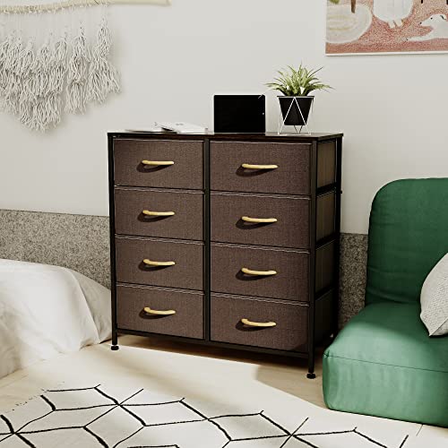 DHMAKER Vertical Dresser Storage Tower, Steel Frame, Wood Top, Easy Pull Textured Fabric Bins - Organizer Unit for Bedroom, Hallway, Entryway, Closets - 8 Drawers- Brown