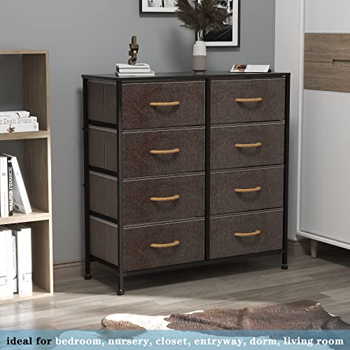 DHMAKER Vertical Dresser Storage Tower, Steel Frame, Wood Top, Easy Pull Textured Fabric Bins - Organizer Unit for Bedroom, Hallway, Entryway, Closets - 8 Drawers- Brown