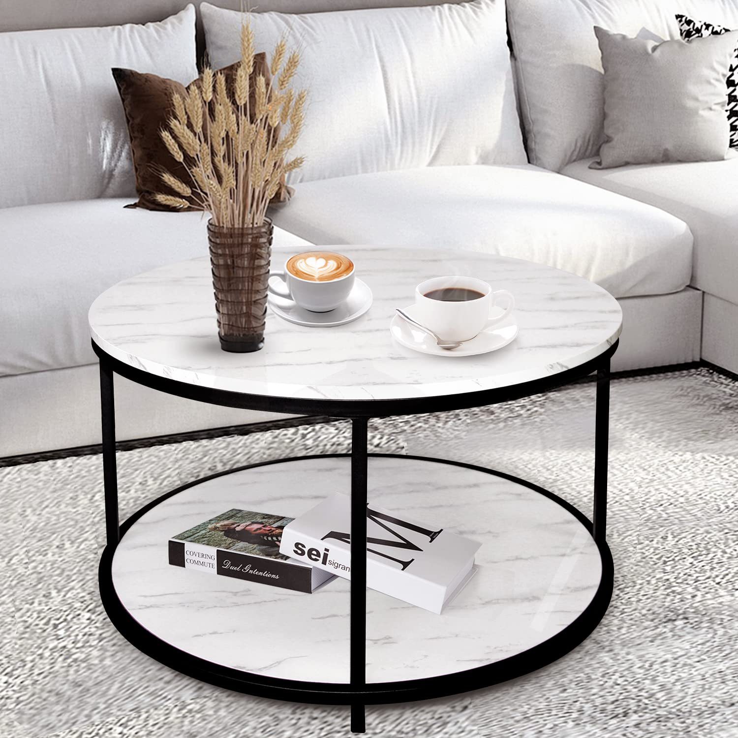 AT-VALY Round Coffee Table with Storage Open Shelf,Wooden Top & Sturdy Metal Frame,Sofa Table for Living Room, Bedroom and Office 31.5“(Black Metal Rack with White Artificial Marble MDF Board)