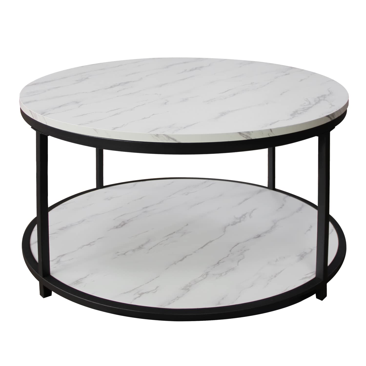 AT-VALY Round Coffee Table with Storage Open Shelf,Wooden Top & Sturdy Metal Frame,Sofa Table for Living Room, Bedroom and Office 31.5“(Black Metal Rack with White Artificial Marble MDF Board)