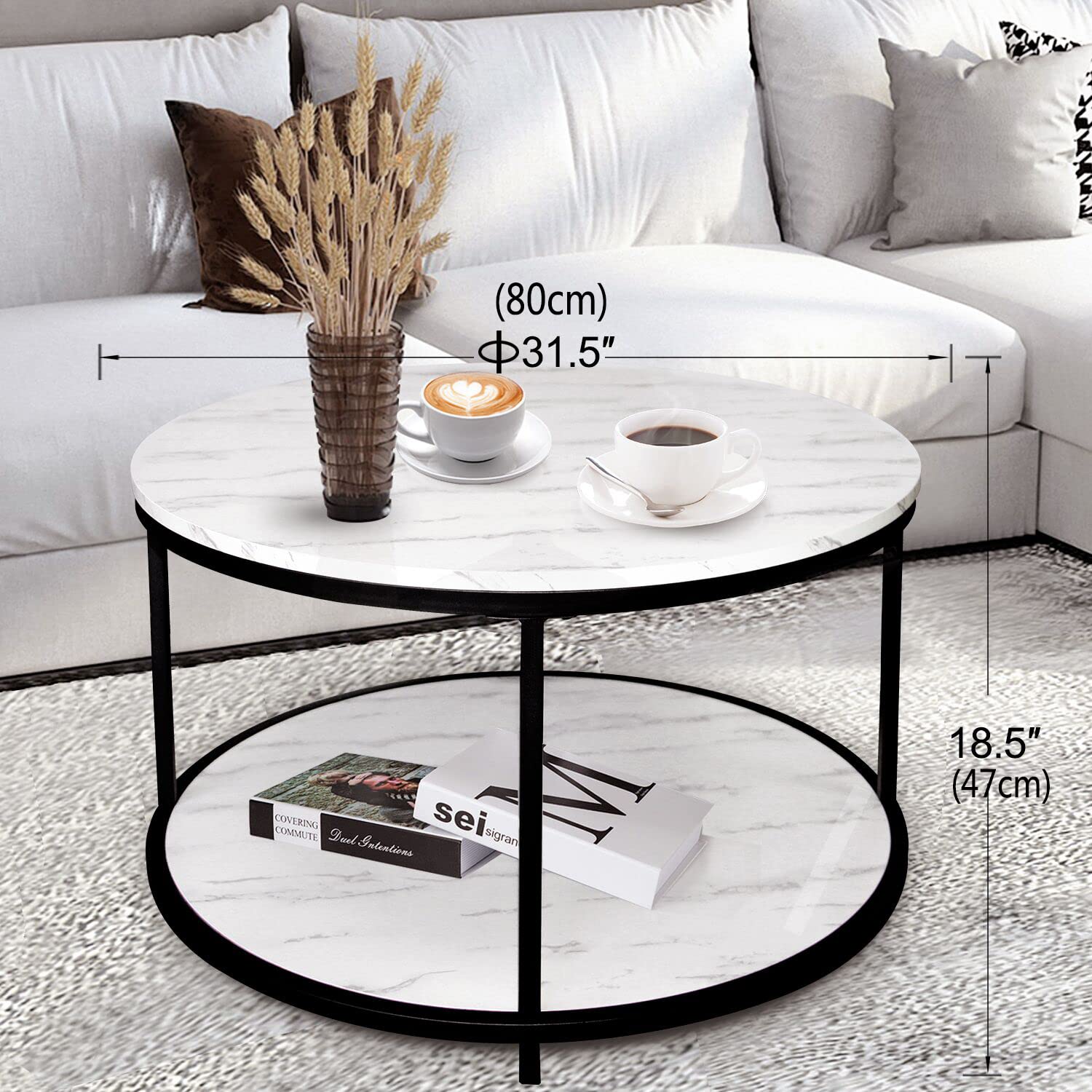 AT-VALY Round Coffee Table with Storage Open Shelf,Wooden Top & Sturdy Metal Frame,Sofa Table for Living Room, Bedroom and Office 31.5“(Black Metal Rack with White Artificial Marble MDF Board)