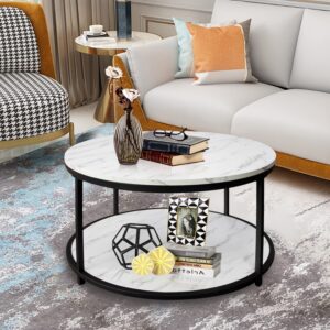 AT-VALY Round Coffee Table with Storage Open Shelf,Wooden Top & Sturdy Metal Frame,Sofa Table for Living Room, Bedroom and Office 31.5“(Black Metal Rack with White Artificial Marble MDF Board)