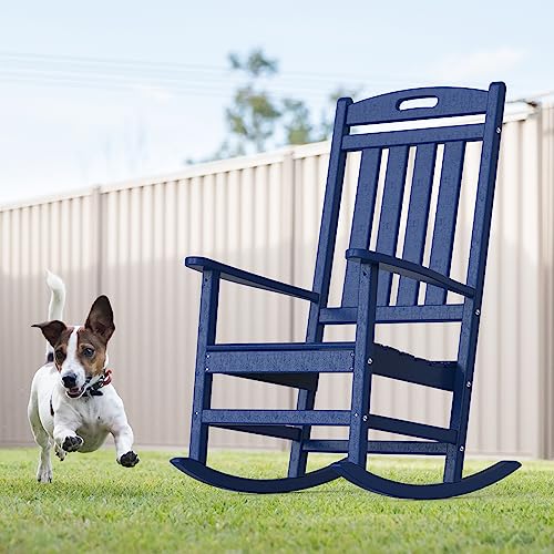 POLYDUN Patio Rocking Chairs, Poly Lumber Rocking Chairs for Outside with High Back, Wide Rocking Chair Outdoor, All-Weather Front Porch Rocker for Both Outdoor and Indoor, Navy Blue