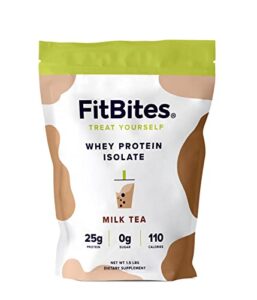 fitbites 100% whey isolate protein powder (milk tea), 5.9g bcaas, gluten free, zero sugar