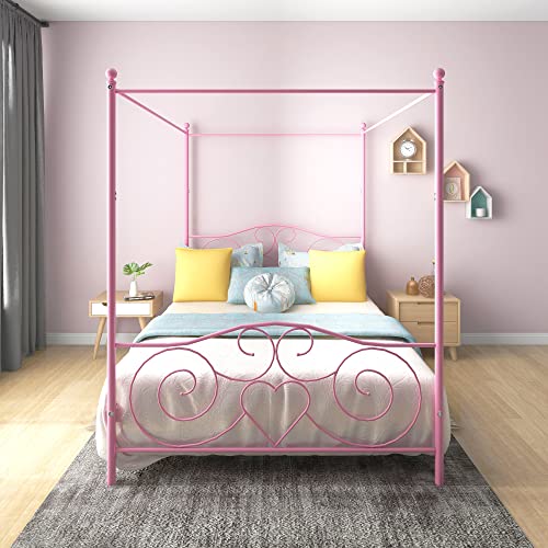 Albearing Canopy Bed Frame Platform Metal Bed Frame Heavy Duty Steel Slat and Support with Headboard and Footboard No Box Spring Required (Queen, Pink)