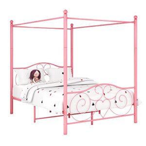 Albearing Canopy Bed Frame Platform Metal Bed Frame Heavy Duty Steel Slat and Support with Headboard and Footboard No Box Spring Required (Queen, Pink)