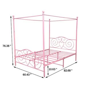 Albearing Canopy Bed Frame Platform Metal Bed Frame Heavy Duty Steel Slat and Support with Headboard and Footboard No Box Spring Required (Queen, Pink)