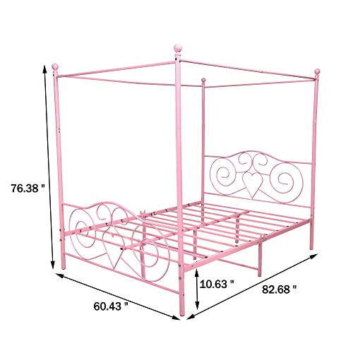 Albearing Canopy Bed Frame Platform Metal Bed Frame Heavy Duty Steel Slat and Support with Headboard and Footboard No Box Spring Required (Queen, Pink)