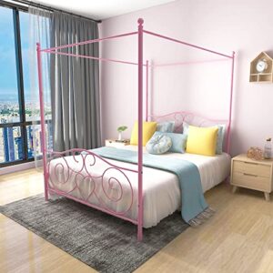 Albearing Canopy Bed Frame Platform Metal Bed Frame Heavy Duty Steel Slat and Support with Headboard and Footboard No Box Spring Required (Queen, Pink)