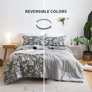 KACEMOO Bed Set Queen Size Comforter Set - 3pc, Grey Leaves Print Neutral Comforters, Hypoallergenic Down Alternative Reversible Comforter, Bed-in-a-Bag Soft Double Microfiber Inner Fill Duvet Sets