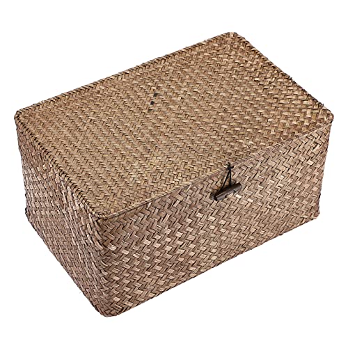 Hipiwe Wicker Shelf Baskets Bin with Lid, Handwoven Seagrass Basket Storage Bins Rectangular Household Basket Boxes for Shelf Wardrobe Home Organizer, Coffee Large