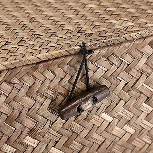 Hipiwe Wicker Shelf Baskets Bin with Lid, Handwoven Seagrass Basket Storage Bins Rectangular Household Basket Boxes for Shelf Wardrobe Home Organizer, Coffee Large