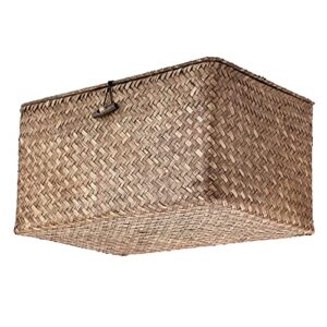 Hipiwe Wicker Shelf Baskets Bin with Lid, Handwoven Seagrass Basket Storage Bins Rectangular Household Basket Boxes for Shelf Wardrobe Home Organizer, Coffee Large