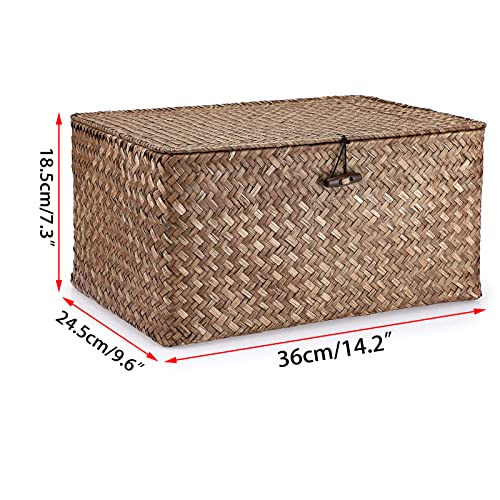 Hipiwe Wicker Shelf Baskets Bin with Lid, Handwoven Seagrass Basket Storage Bins Rectangular Household Basket Boxes for Shelf Wardrobe Home Organizer, Coffee Large