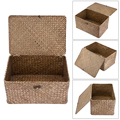 Hipiwe Wicker Shelf Baskets Bin with Lid, Handwoven Seagrass Basket Storage Bins Rectangular Household Basket Boxes for Shelf Wardrobe Home Organizer, Coffee Large