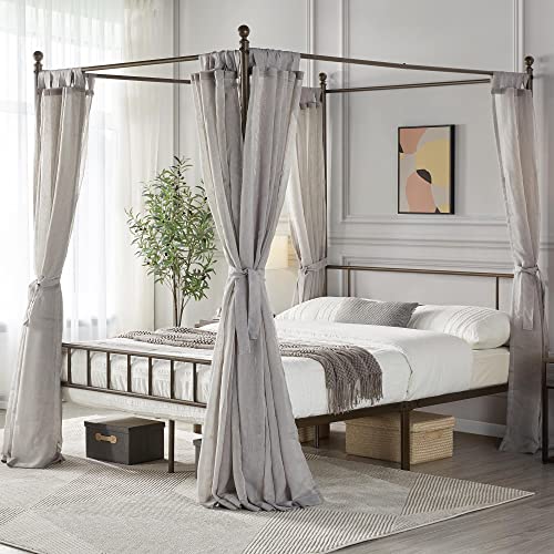 Topeakmart Bronze Four-Poster Canopy Metal Bed Frame with Headboard and Footboard Sturdy Slatted Structure No Box Spring Needed Queen Size