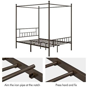 Topeakmart Bronze Four-Poster Canopy Metal Bed Frame with Headboard and Footboard Sturdy Slatted Structure No Box Spring Needed Queen Size